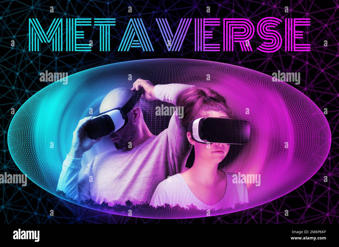 Futuristic collage. Man and woman in VR glasses in 3D simulation of ...