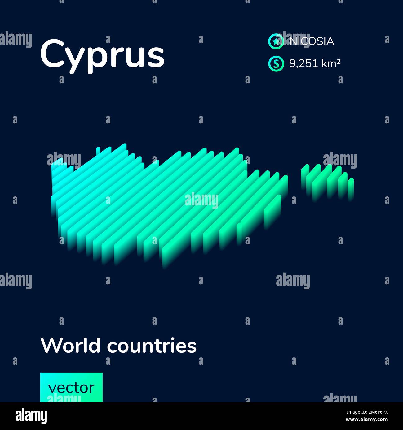 Stylized neon simple digital isometric striped vector Cyprus map, with ...