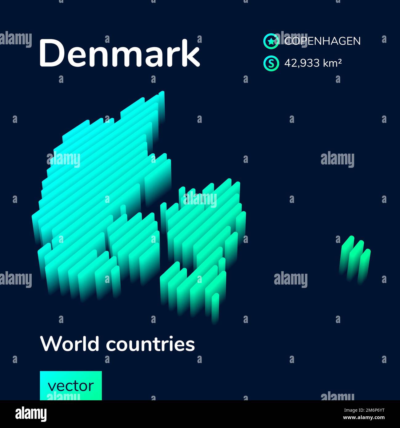 Stylized neon digital isometric striped vector Denmark 3D map in green and mint colors on the ...