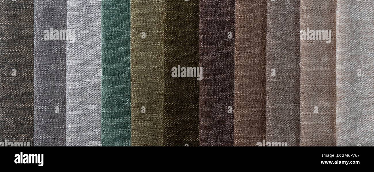 Bright collection of colorful textile samples. Fabric swatches, set in ...