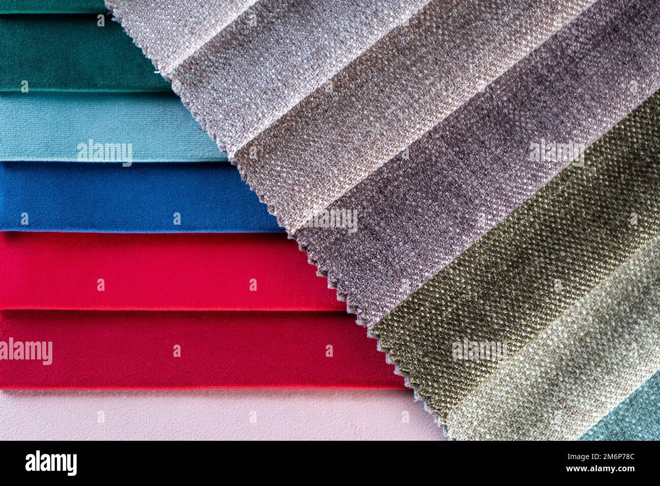 Bright collection of colorful textile samples. Fabric swatches, set in ...