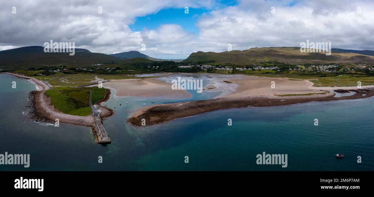 Panorama landscape of the village and harbor of Mulranny in County Mayo ...
