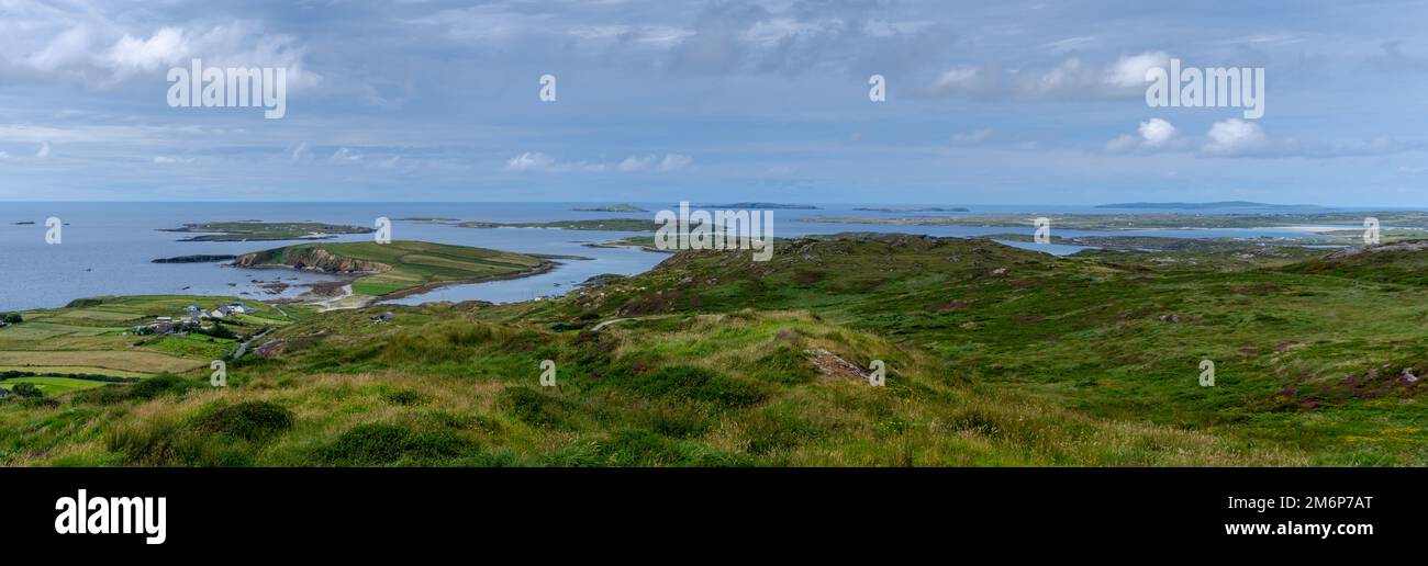 Panorama landscape of the Renvyle Peninsula and Ballinakill Harbor in ...