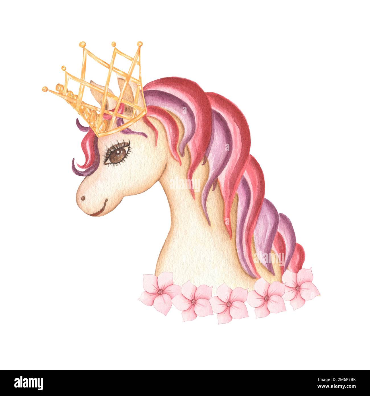 Watercolor hand drawn unicorn horse with crown and flowers, pony animal ...