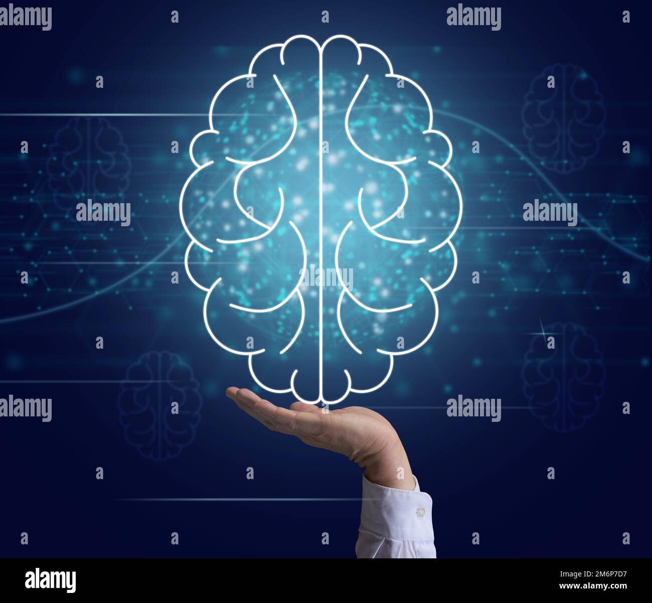 Schematic icon of human brain and male hand on a blue background Stock ...