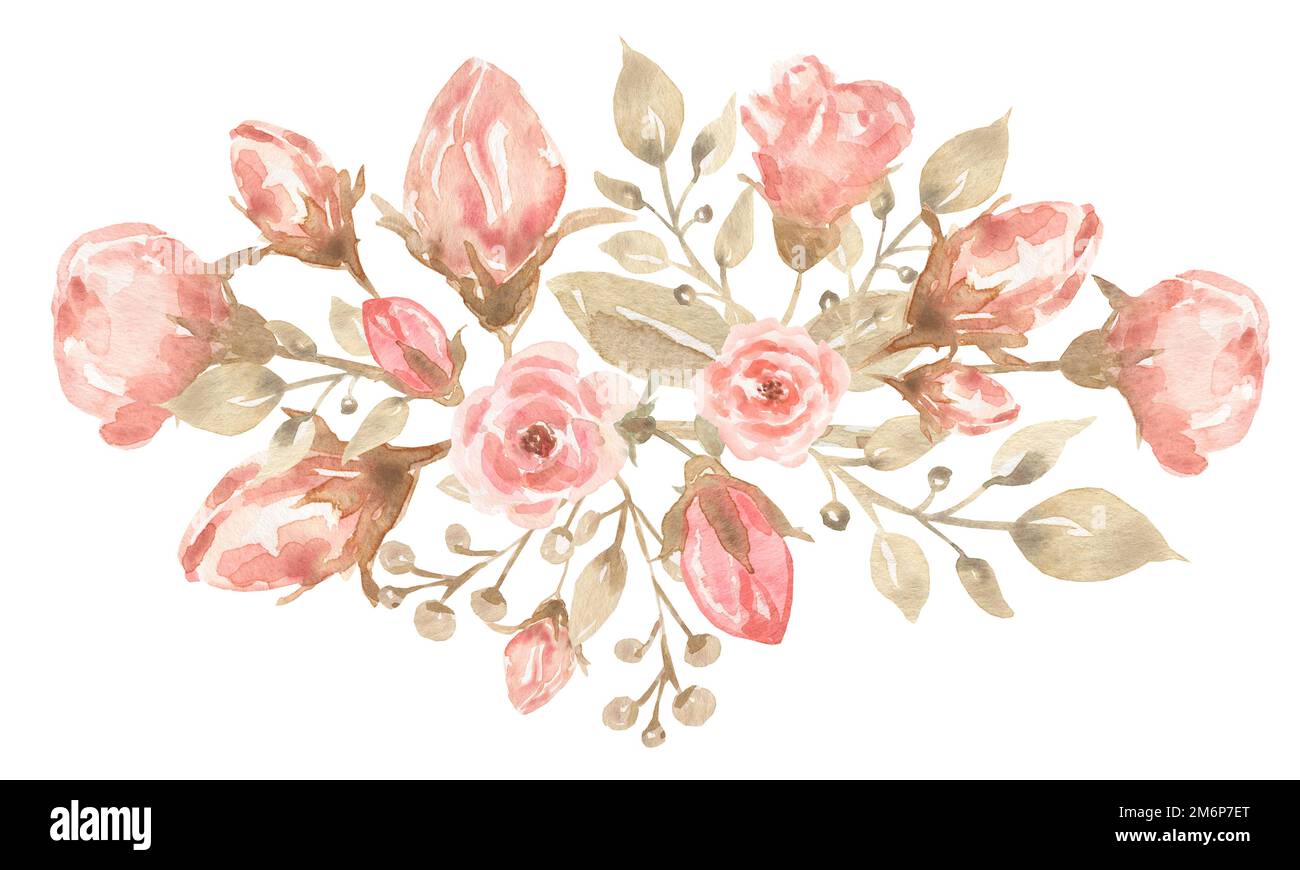 Painted watercolor composition of flowers bouquet in pastel delicate ...