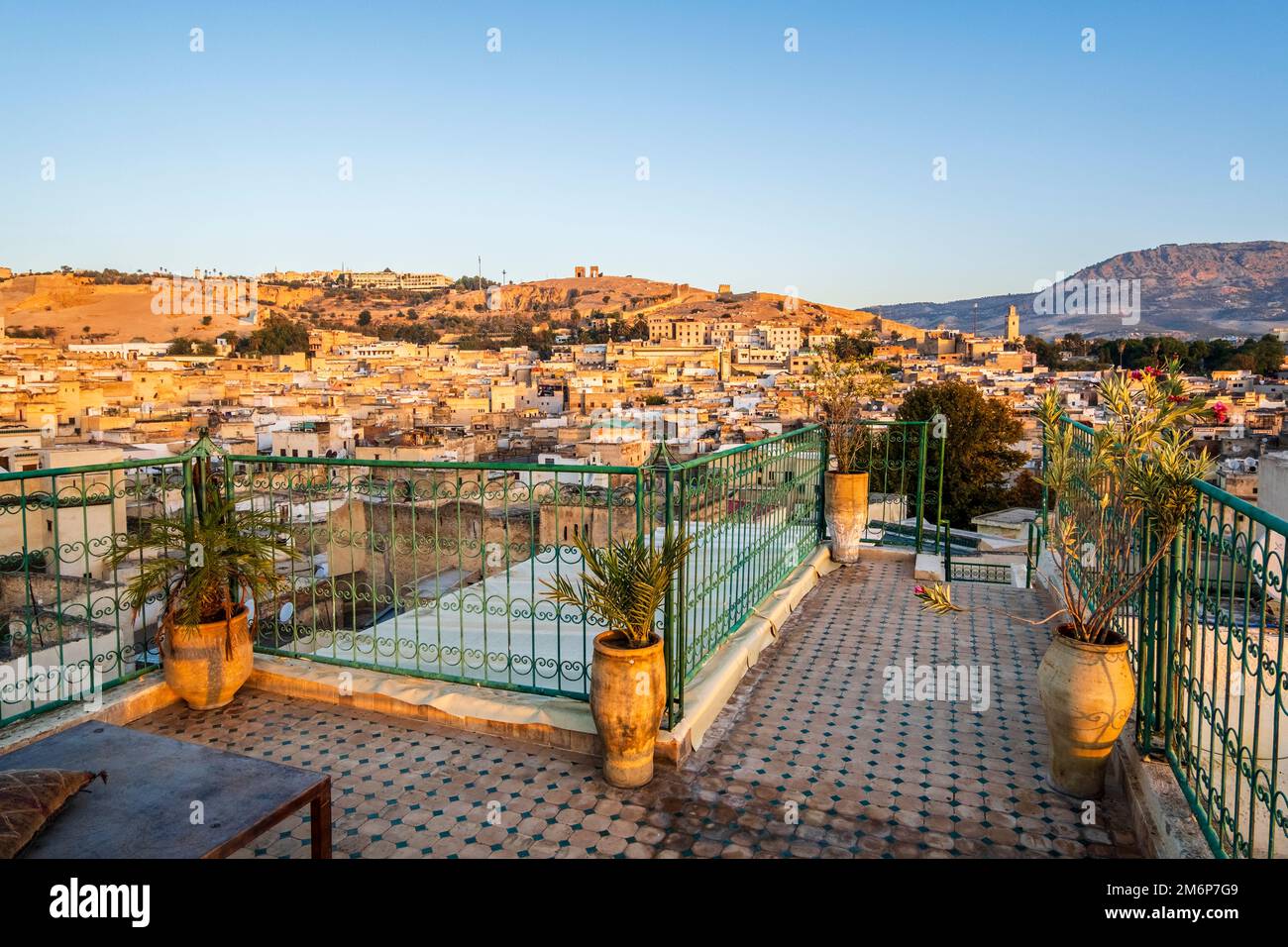 Beautiful cityscape of Fez taken from rooftop terrace in the heart of ...