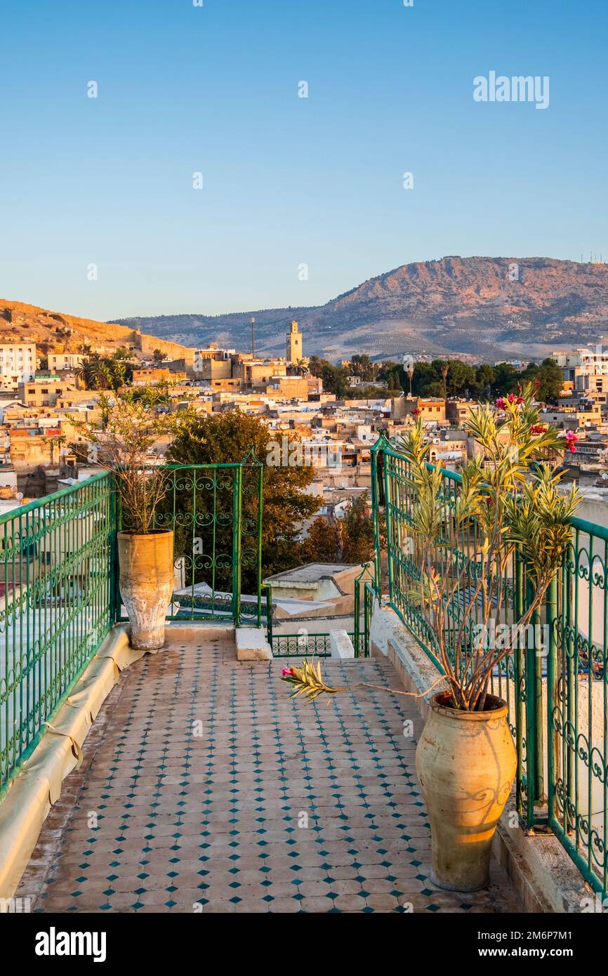 Beautiful cityscape of Fez taken from rooftop terrace in the heart of ...