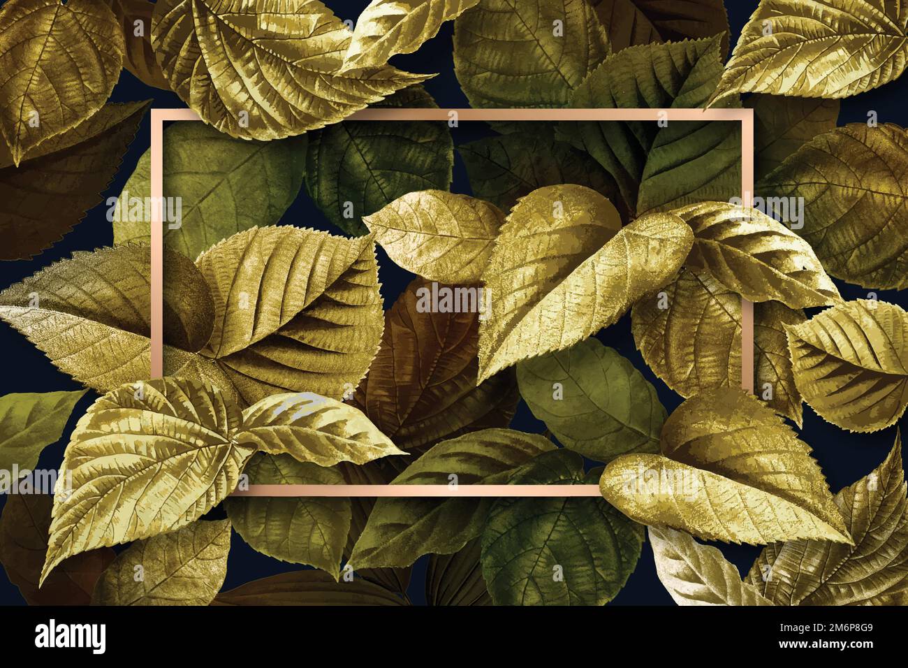 Gold rectangle frame on a metallic leaves textured background vector ...