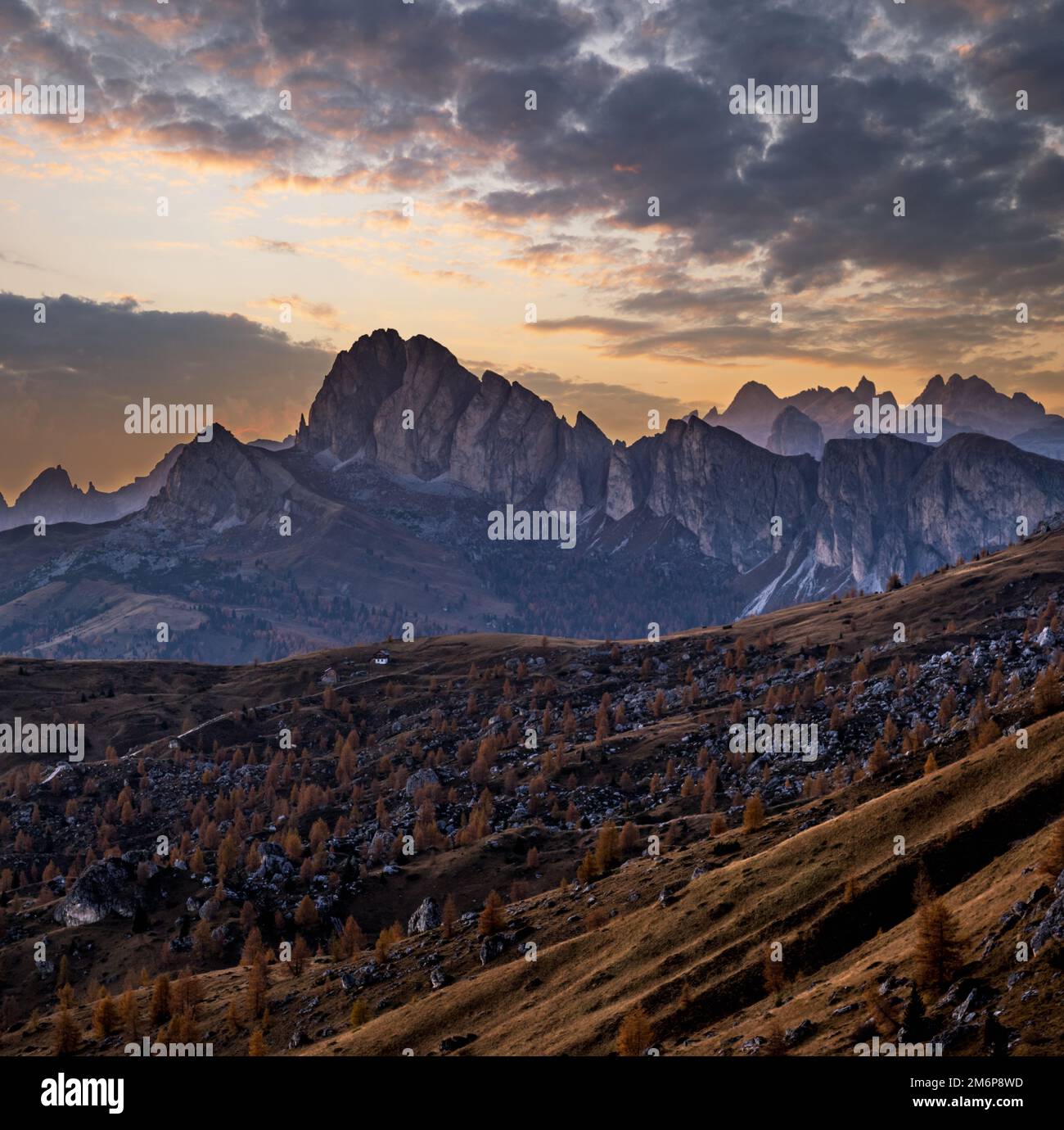 Mountain evening dusk peaceful hazy view from Giau Pass Stock Photo - Alamy
