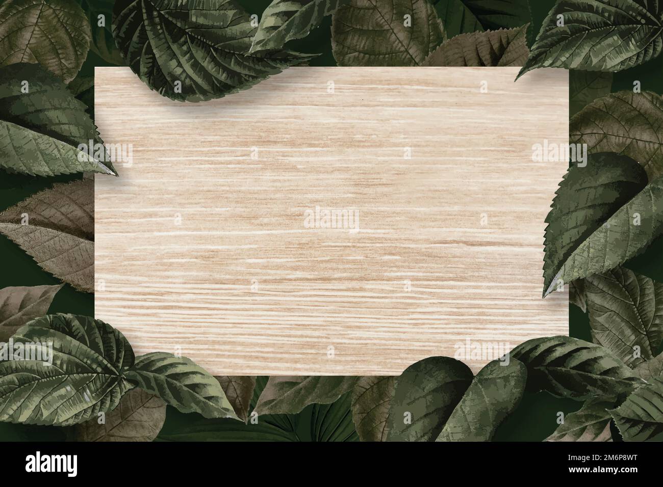 Blank wooden board on a metallic green leaves textured background ...