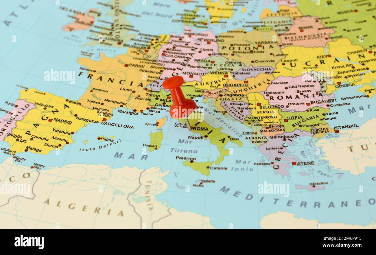 Red push pin pointing at Rome, Italy, on a map of europe Stock Photo ...