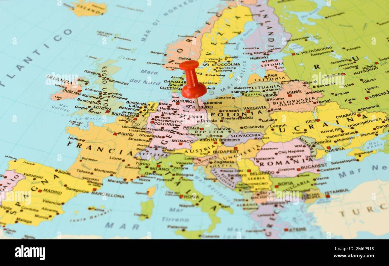 Red push pin pointing at Berlin, Germany, on a map of europe Stock ...