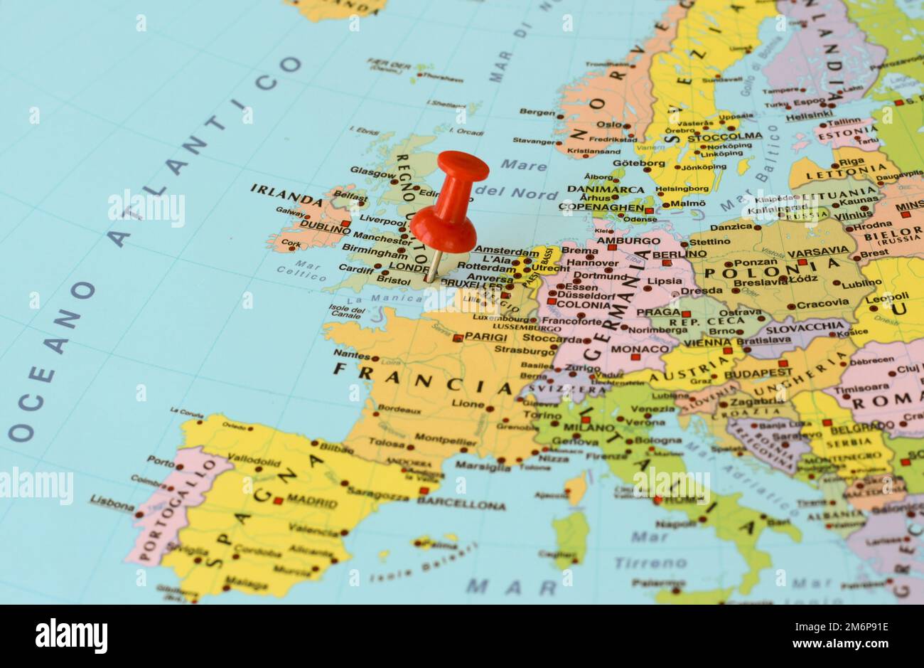 Red push pin pointing at London, England, on a map of europe Stock ...