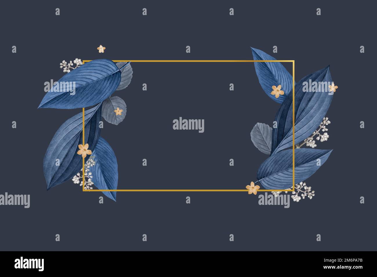 Gold rectangle frame decorated with blue leaves on a navy blue ...
