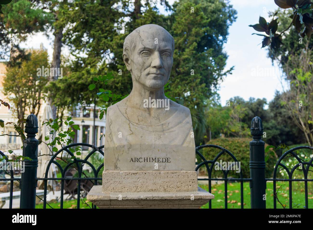 Old marble bust of Archimedes of Syracuse in the public park Pincian ...
