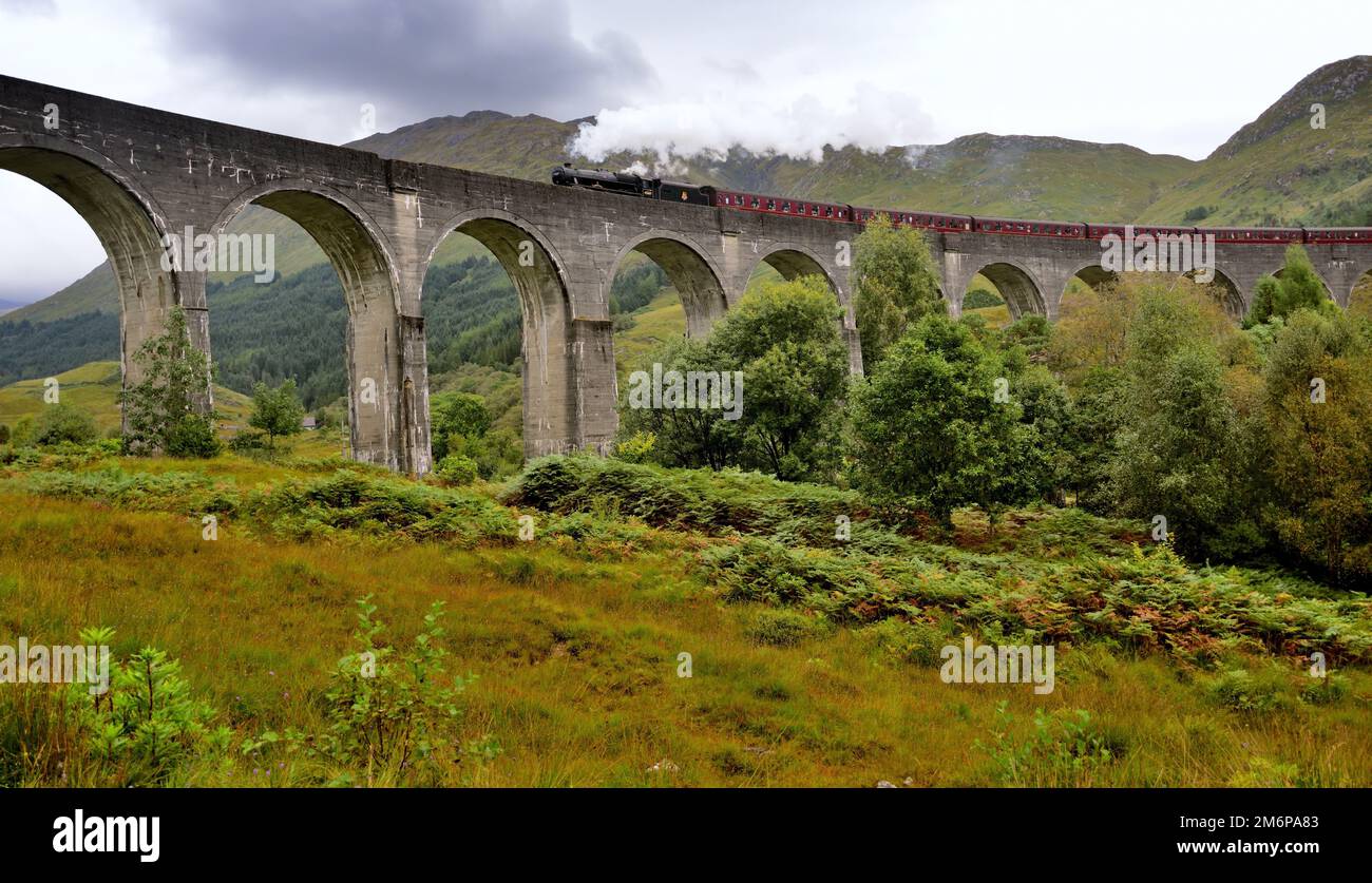 The Jacobite steam train crossing Glenfinnan viaduct in the Scottish ...