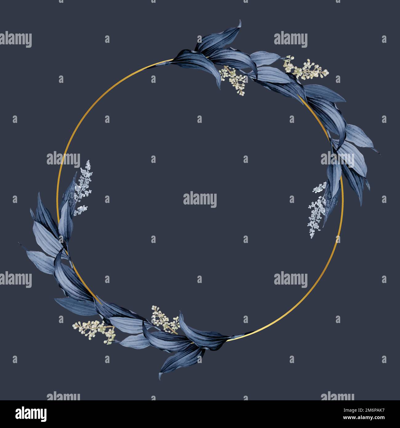 Gold circle frame decorated with blue leaves on a navy blue background ...