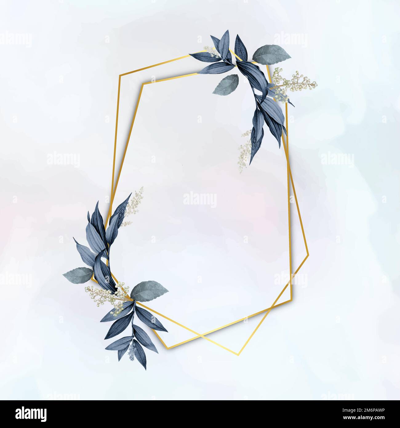 Gold pentagon frame decorated with blue leaves on a white paint ...