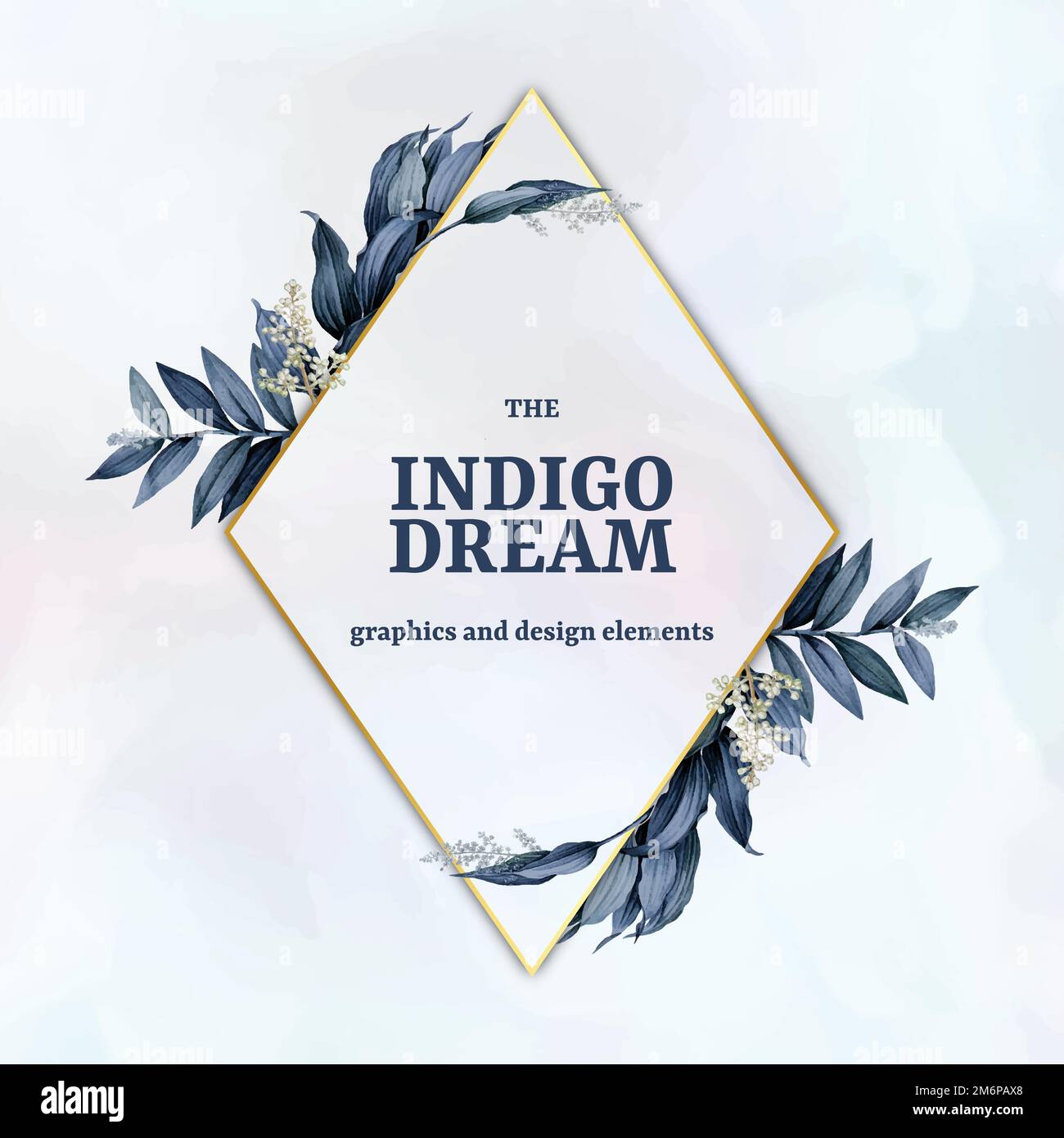 Indigo dream in a gold rhombus frame decorated with blue leaves on a ...