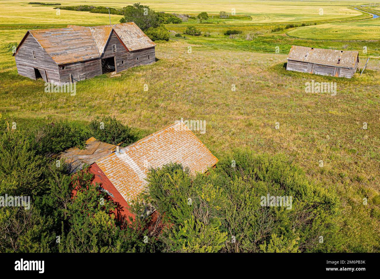 An aerial shot of an old abandoned wooden homestead with the field in ...