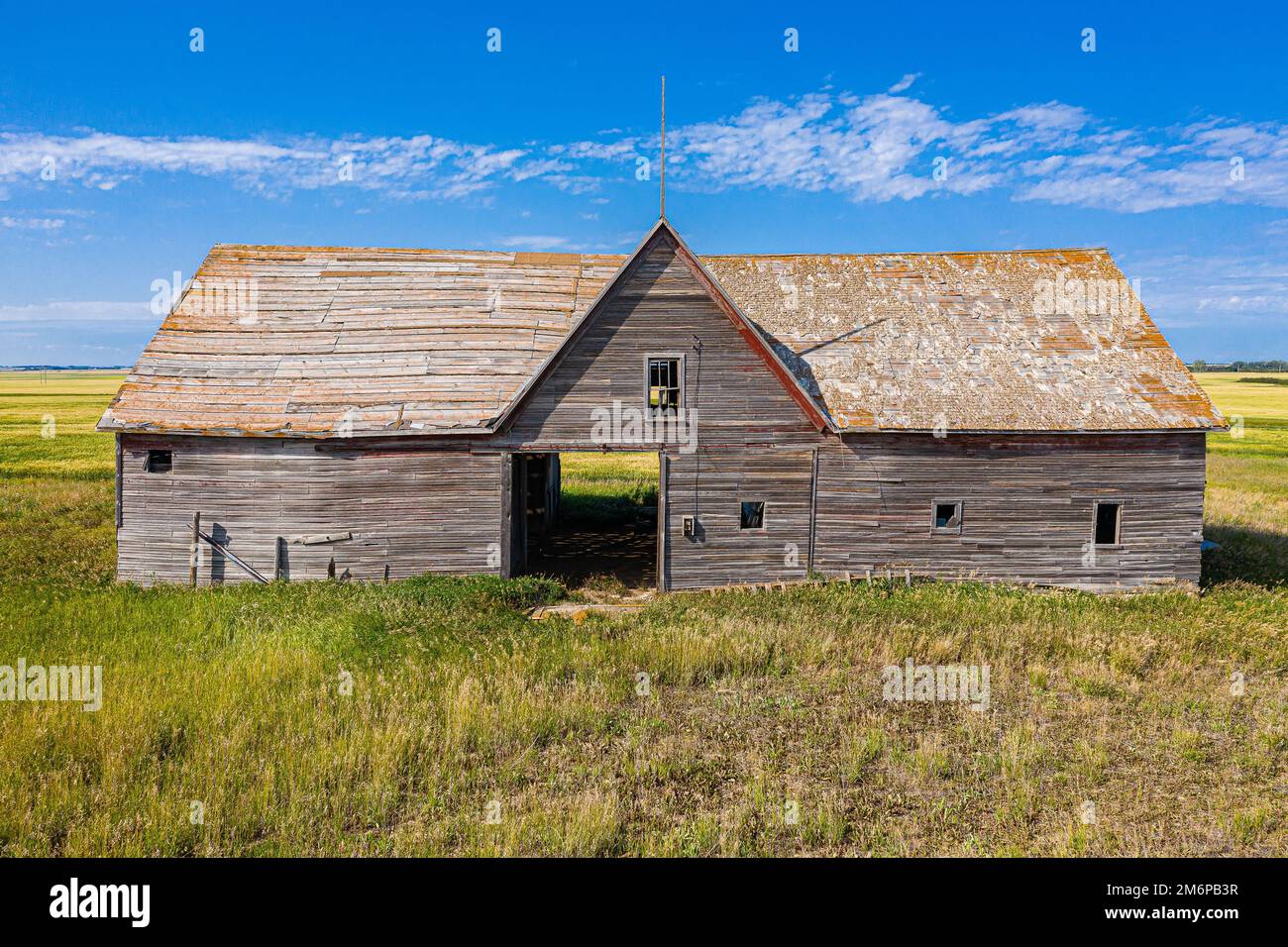 An old abandoned wooden homestead with the field in the background in ...