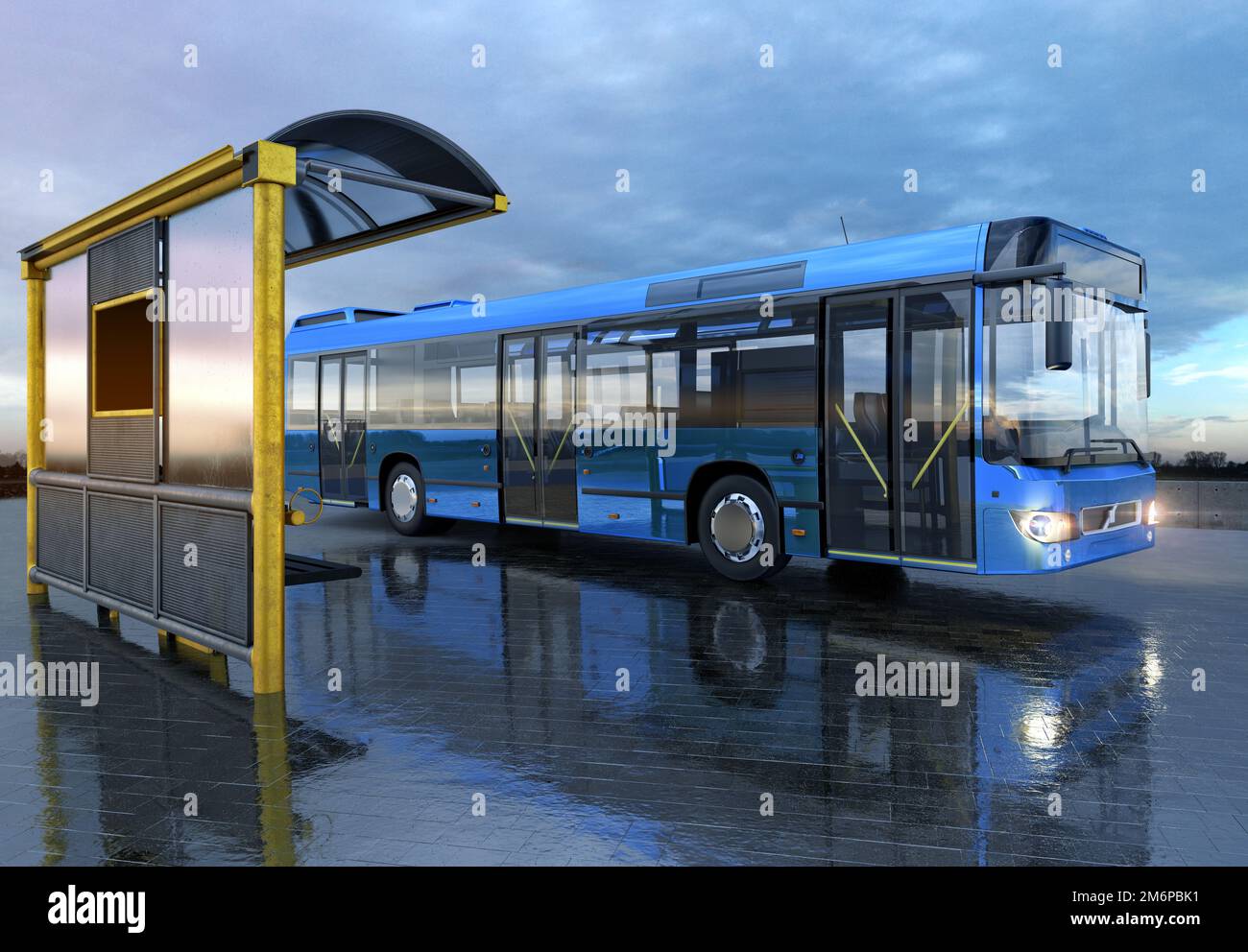 Modern comfortable city bus on the asphalt road. Electric eco bus ...