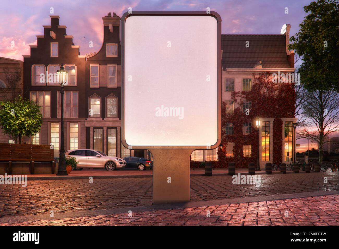 Outdoor blank billboard, empty advertising display, 3D frame mockup design template on evening ...