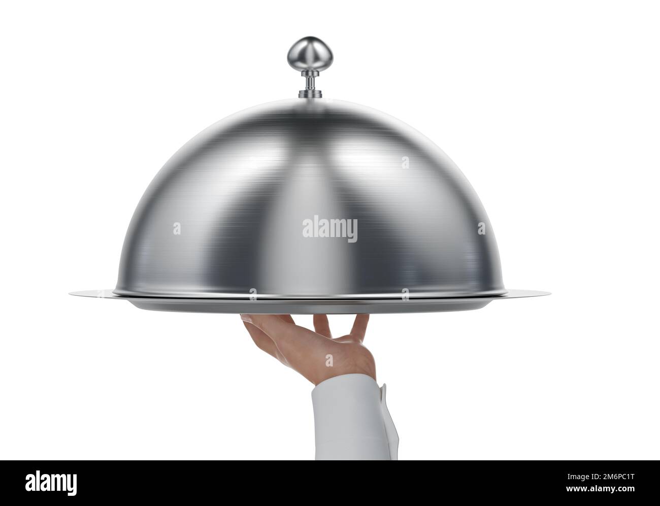 Waiter hand holding shiny restaurant tray and metal cloche dish lid ...