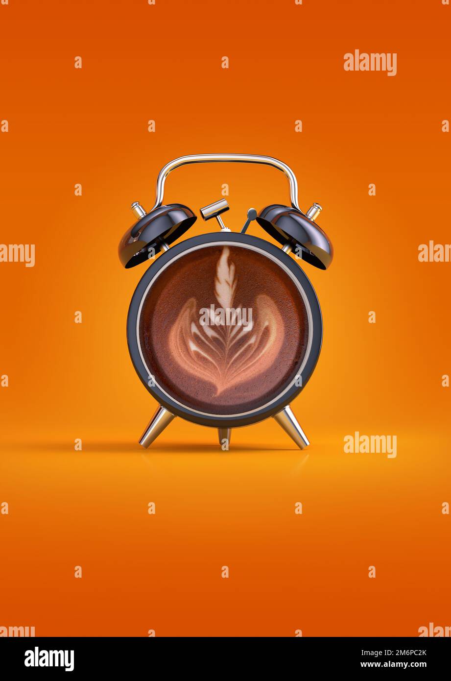 Coffee alarm clock concept. Cup of fresh hot aroma cappuccino coffee ...