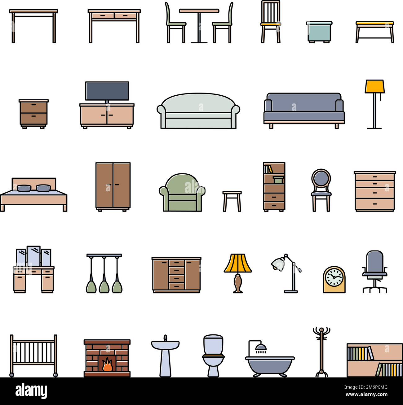 Set of color home and office furniture icons, vector illustration Stock ...