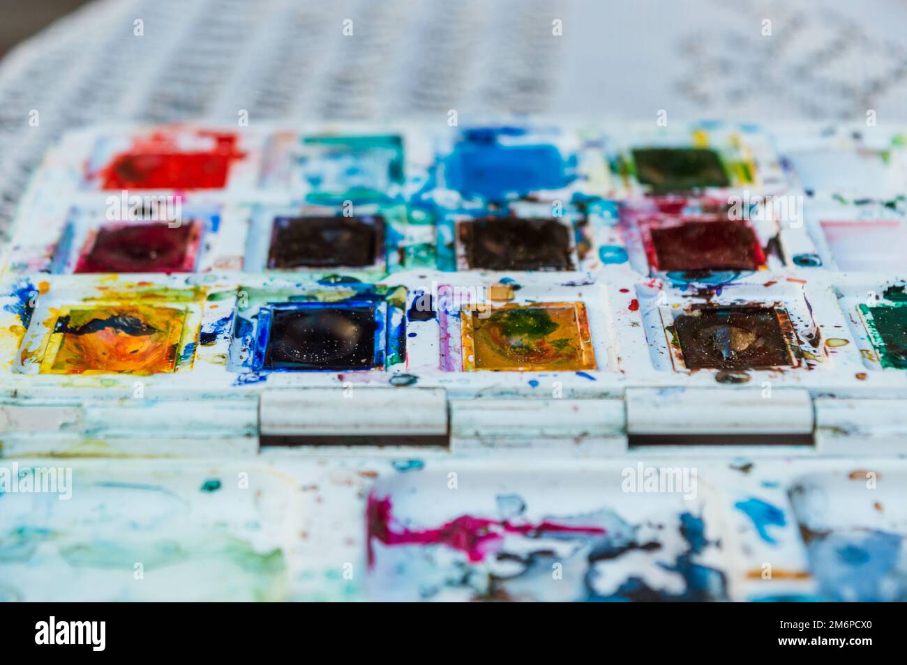 used and stained watercolor paints with blurred background and copy ...