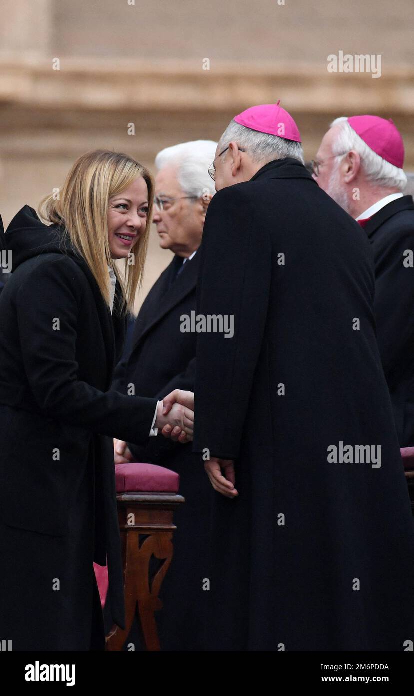 Italian Prime Minister Giorgia Meloni attends the funeral Mass for Pope ...