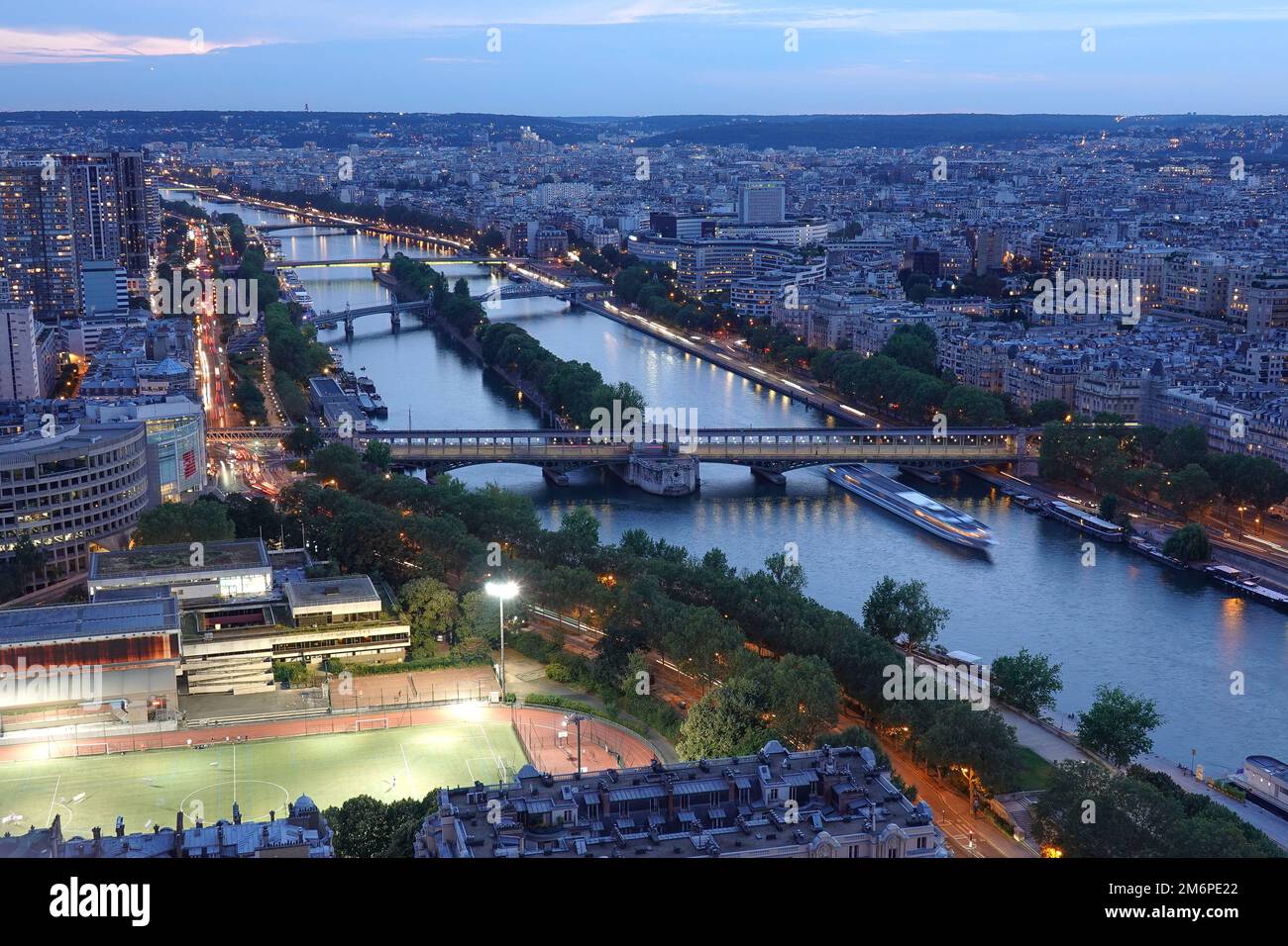 France, Paris, Panoramic night view of the Seine river from the top of ...