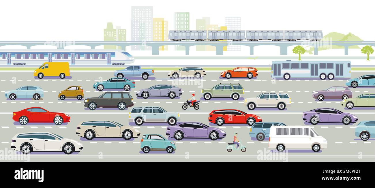 Motorway with express train, bus and passenger car, Illustration Stock ...