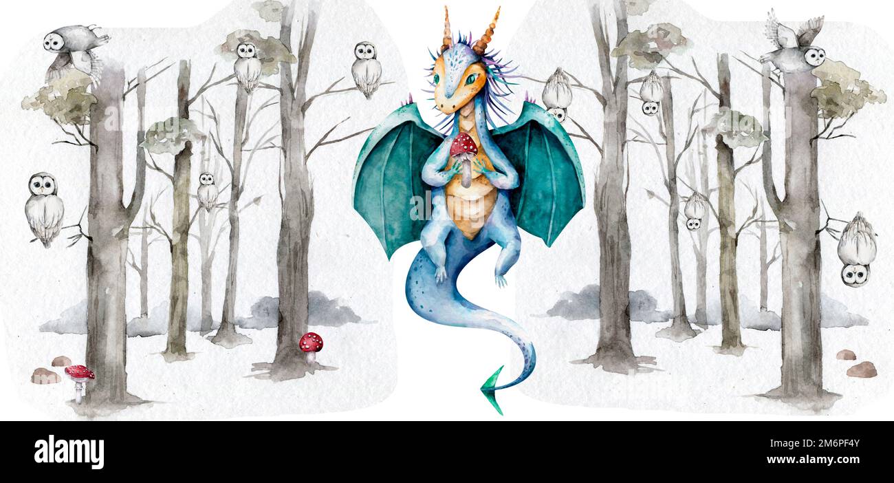 Knight, dragon and castle watercolor illustration. Fabulous mystical ...