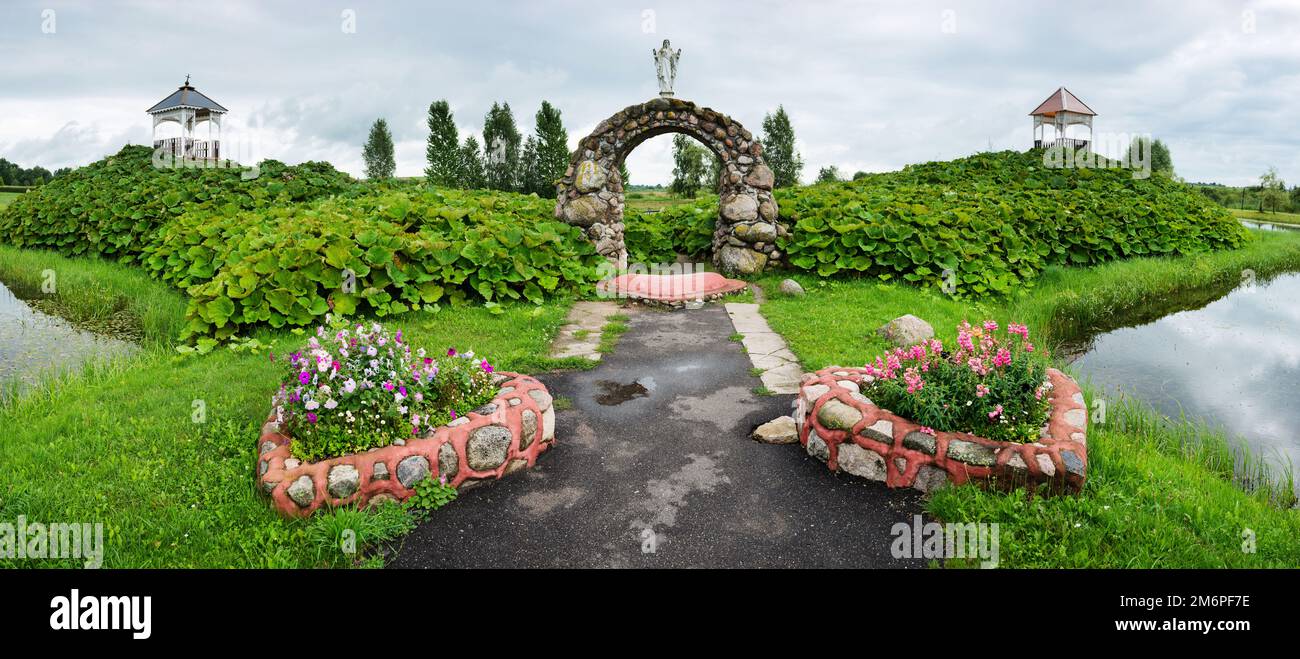 Park near catholic Church of St. Anne in the village of Mosar, Belarus ...