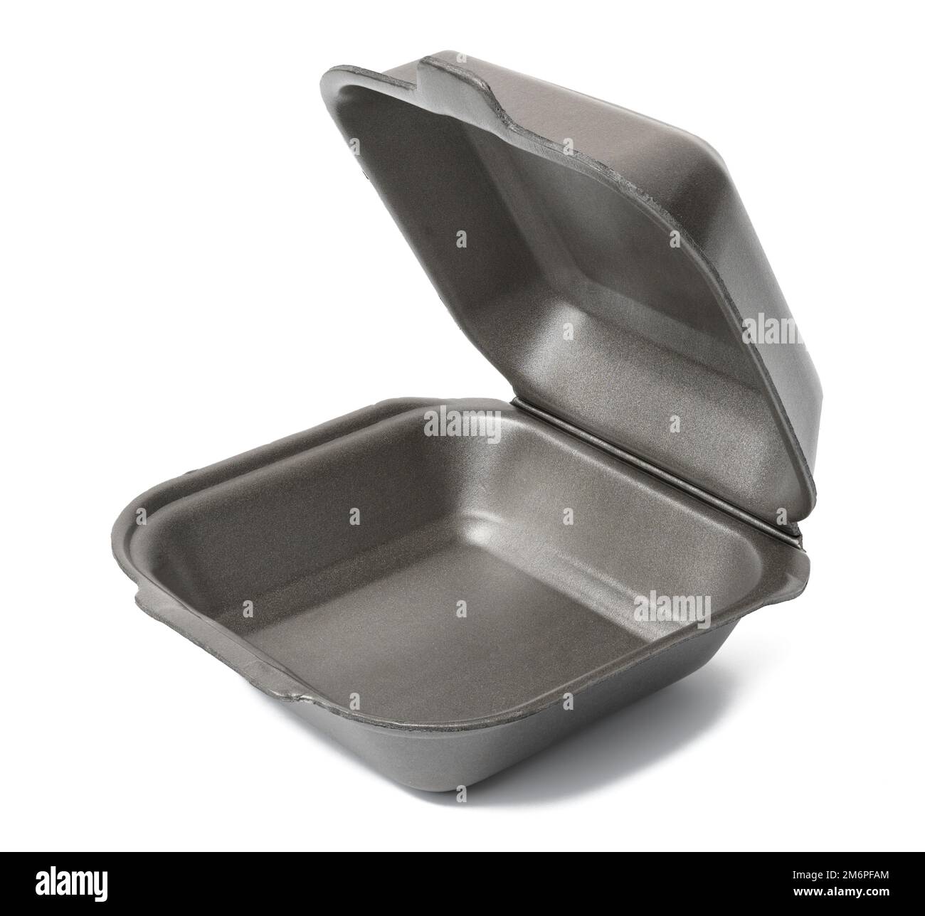 Open gray plastic container with a lid for food on a white isolated ...