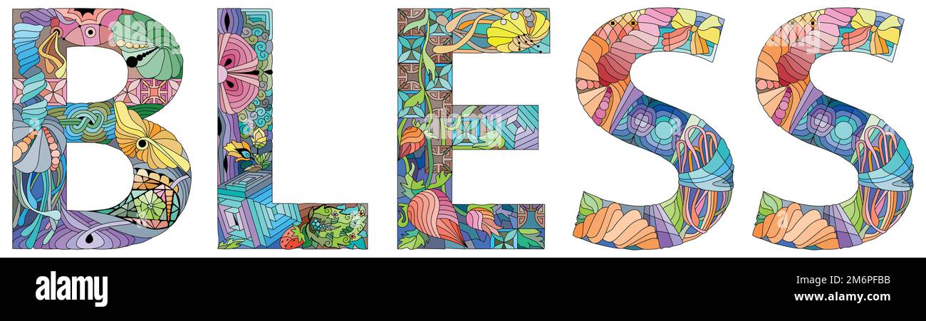 Hand-painted art design. Hand drawn illustration word BLESS for t-shirt ...