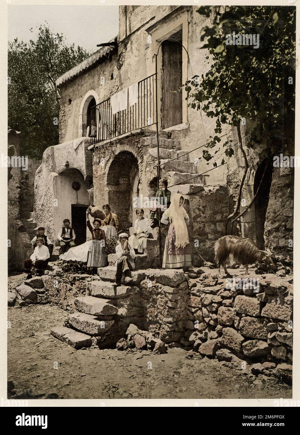 19th century photo: Taormina Scility, Italy, family, village scene ...