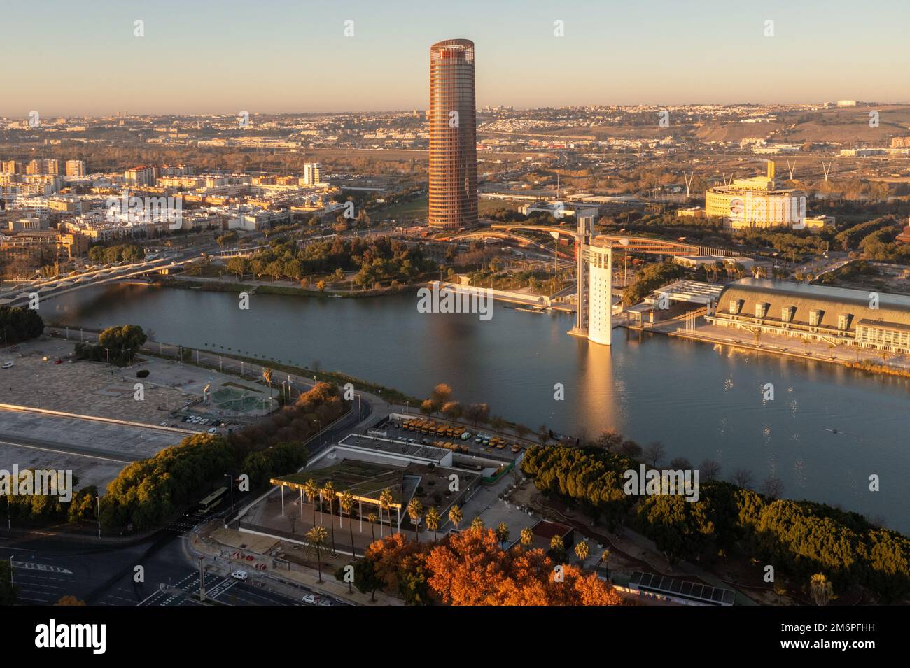 Aerial view of Sevilla Tower (Spanish: Torre Sevilla) at sunrise ...