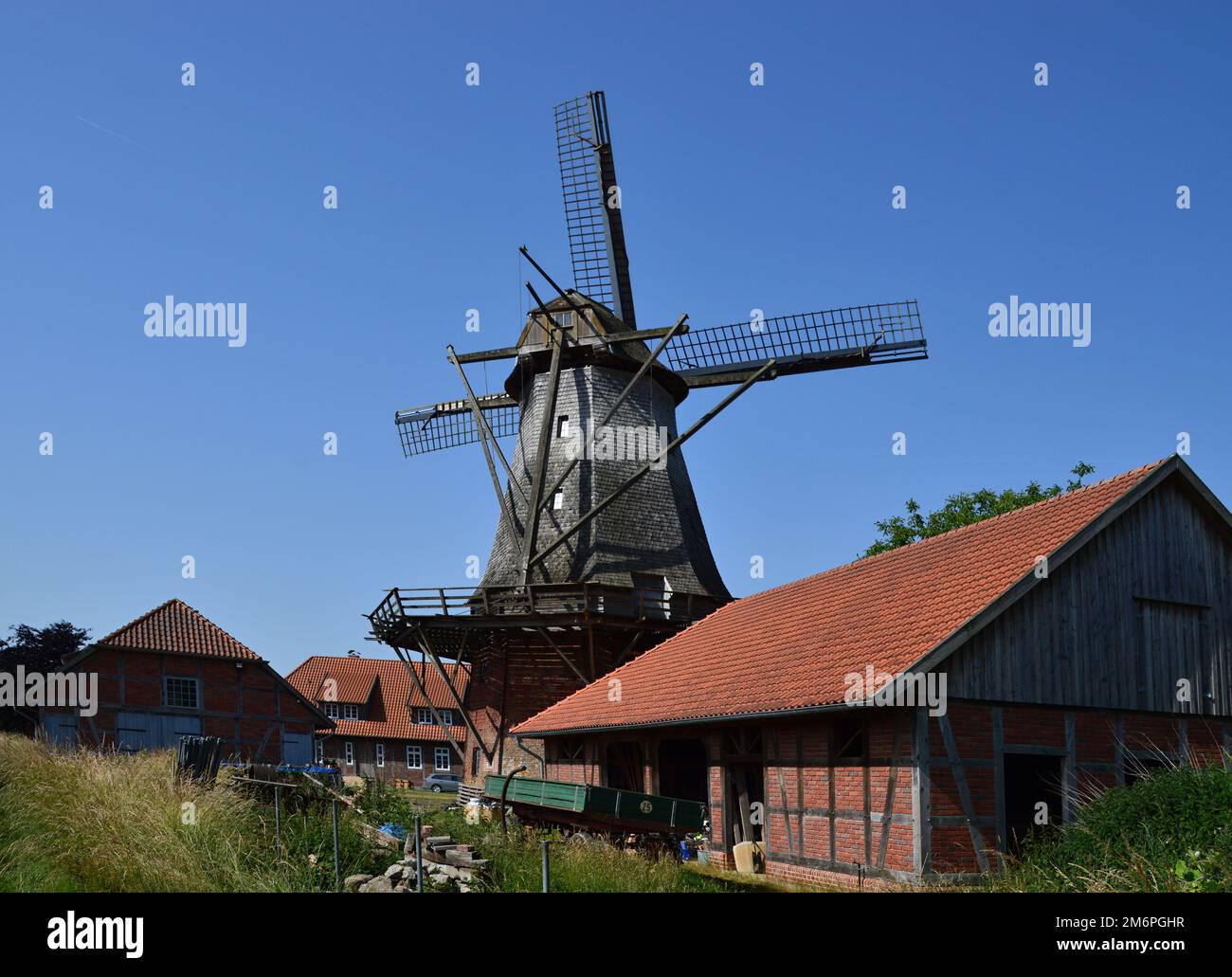 Historical Wind Mill at the River Leine in the Heath Lueneburger Heide ...