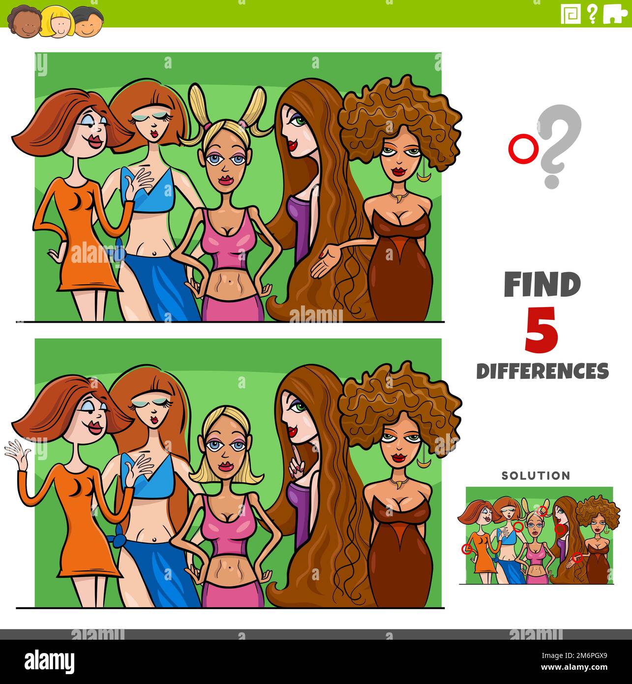 Differences educational game with comic women Stock Photo - Alamy