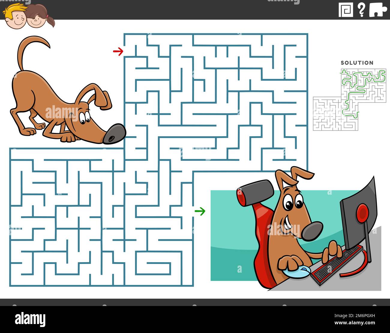 Maze with cartoon dog playing computer games Stock Photo - Alamy