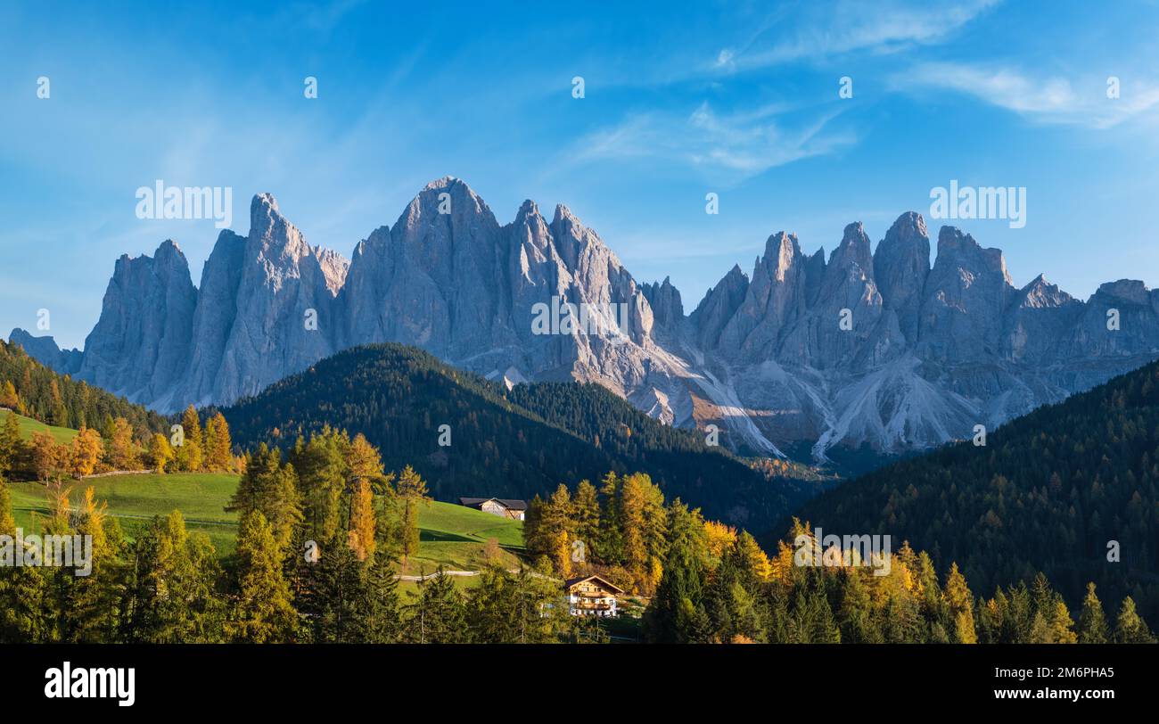 Autumn evening Santa Magdalena famous Italy Dolomites village ...