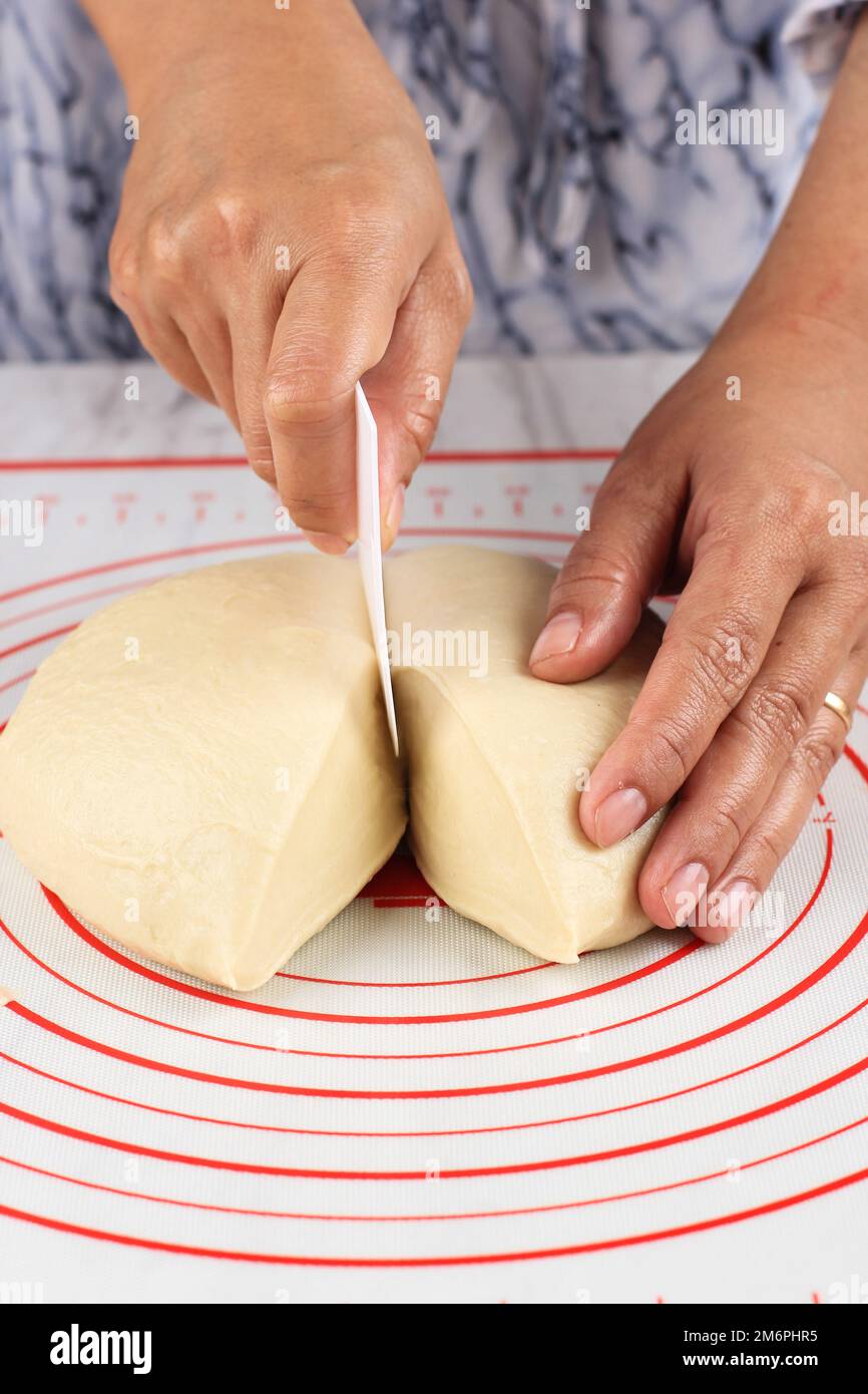 Female Hand Divided Bread or Pizza Dough into Smaller Pieces, Step by ...