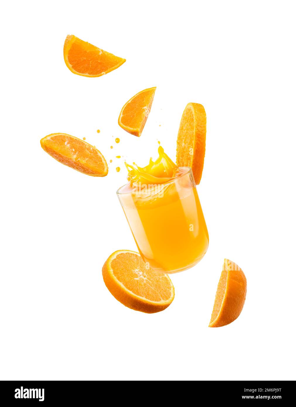 Glass of orange juice with splash and orange slices falling, isolated ...