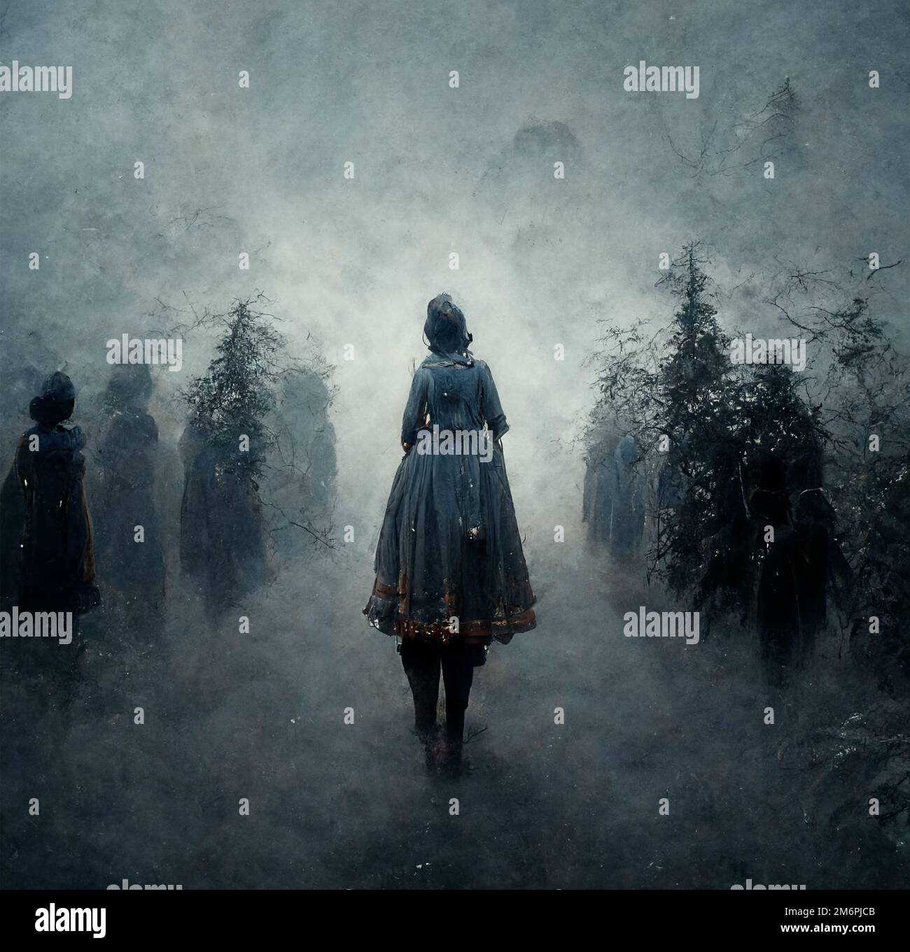 Ghost women in fog Halloween background digital art Stock Photo - Alamy