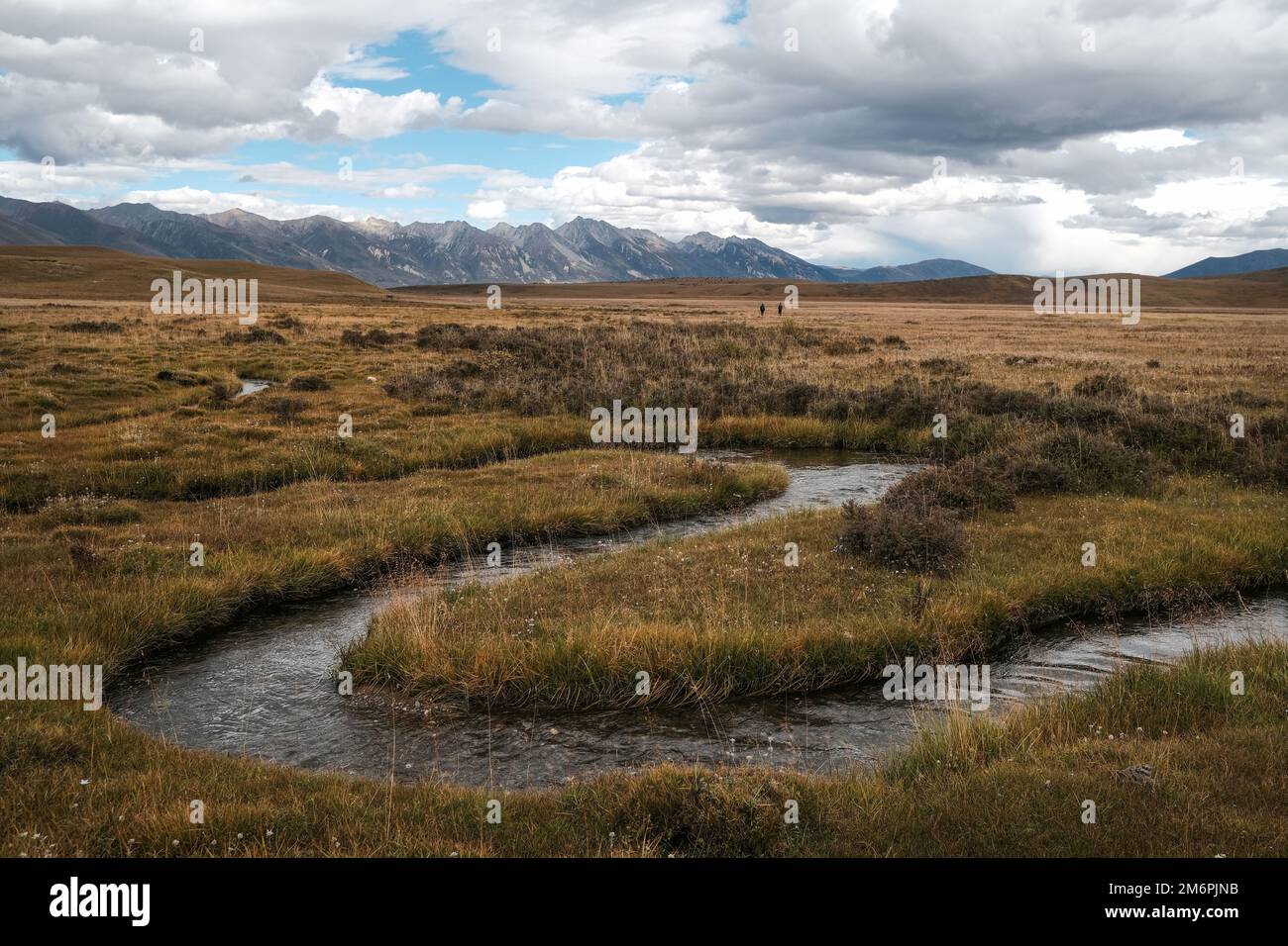 The panoramic view of grassland and mountain. Blue sky with clouds ...