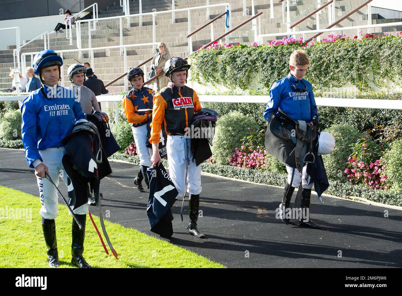 Ascot, Berkshire, UK. 1st October, 2022. Jockeys after racing in the ...